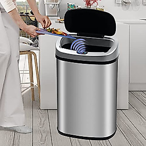 13 Gallon Stainless Steel Trash Can, Automatic Motion Sensor, Large Metal Electric Touchless Tall Trash Bin with Lid, Smart Garbage Cans for Kitchen Room Office
