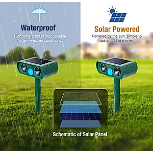 Solar Animal Repeller, 2 Pack Ultrasonic Animal Repeller Outdoor, Animal Deterrent Devices Repel Squirrel, Raccoon, Skunk, Fox, Deer, Waterproof with Motion Detector (Green)