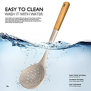Large Silicone Cooking Utensils - Heat Resistant Kitchen Utensil Set with Wooden Handles, Spatula,Turner, Slotted Spoon, Pasta server, Kitchen Gadgets Tools Sets for Non-Stick Cookware (Khaki)