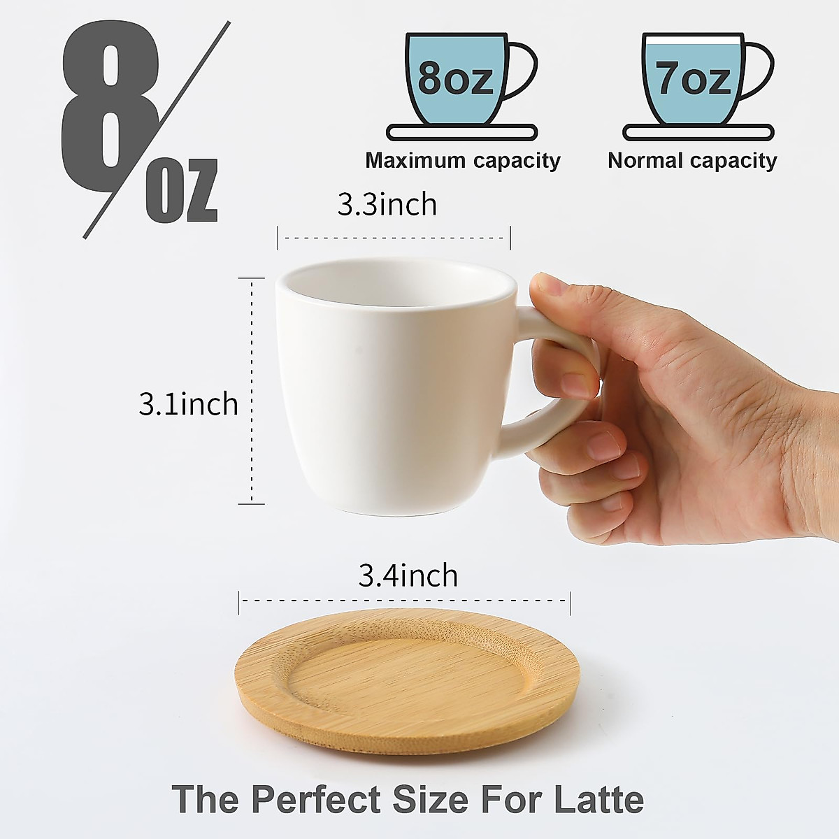 Hasense 8 oz Cappuccino Cups with Saucers set of 6, Porcelain Coffee Mugs Latte Mugs with Handle Perfect for Double Shot, Americano, Milk and Tea, White