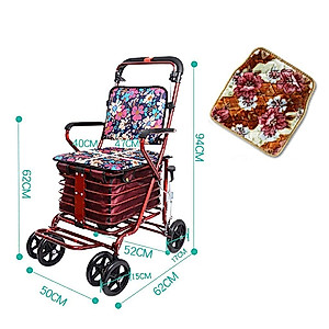 Shopping Trolley on Wheels Multi Function Shopping Cart The Elderly Cart Little Pull Car Elderly Wheelbarrow Can Push to Sit Foldable Walker Four Scooter Storage Hand Trucks,Gold Flower ,Sh