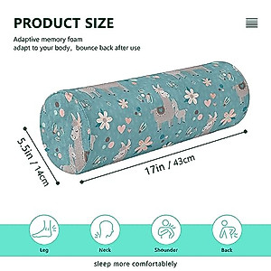 Vnurnrn Teal Llama Flower Neck Support Pillow Round Neck Roll Bolster Cylinder Pillow Cervical Pillows Memory Foam Pillow for Leg Knee Back Head Support for Work Women Men Traveling Headrest