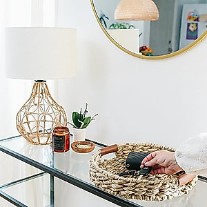 Summit Living Handwoven Round Rattan Tray with Leather Handles – Use as Home Decor or Vegetable and Fruit Organizer Tray – Water Hyacinth Circular Wicker Tray (14" x 14")