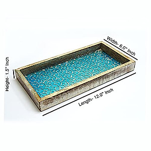 nu steel Luxury Aqua Marine Mirror Mosaic & Wood Tray for Bathrooms, Countertops, Jewelry, Perfume, Storage
