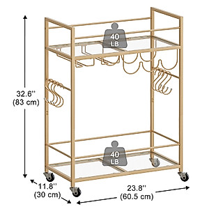 Bar Cart Rose Gold Home Bar Serving Mobile Cart, 2 Tiers Wine Cart with Wine Rack and Glass Holder, Modern Rolling Alcohol Wine Cart, Wine Holders for Home Kitchen Dining Living Room and Party Copper