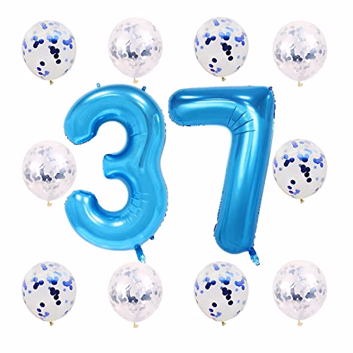12pcs Blue Balloon Set Number 37 Balloon Kit Giant 37 Digital Foil Balloon Confetti Latex Helium Balloon Party Favors for 37th Birthday Wedding Anniversary Engagement Photo Props,37th Birthday Party