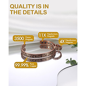 Feraco Copper Bracelet & Lymphatic Drainage Rings for Women, Vintage Flower Copper Magnetic Cuff Bangle, 99.99% Pure Copper with Neodymium Magnets, Adjustable with Gift Box
