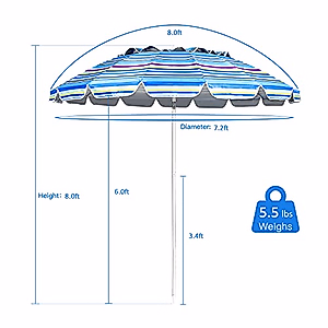 TANGKULA 8FT Beach Umbrella, Portable Beach Umbrella W/Sand Anchor & Tilt Mechanism, 16 Sturdy Fiberglass Ribs, Outdoor Sunshade Umbrella W/Carrying Bag for Garden, Patio, Beach, Outdoor (Blue)