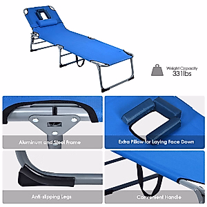 Goplus Tanning Chair, Folding Adjustable Patio Lounge Chair with Face Hole, Removable Pillow, 331LBS, Carry Strap, Outdoor Sunbathing Chair, Lightweight Portable Beach Lounge Chair for Pool Lawn Adult