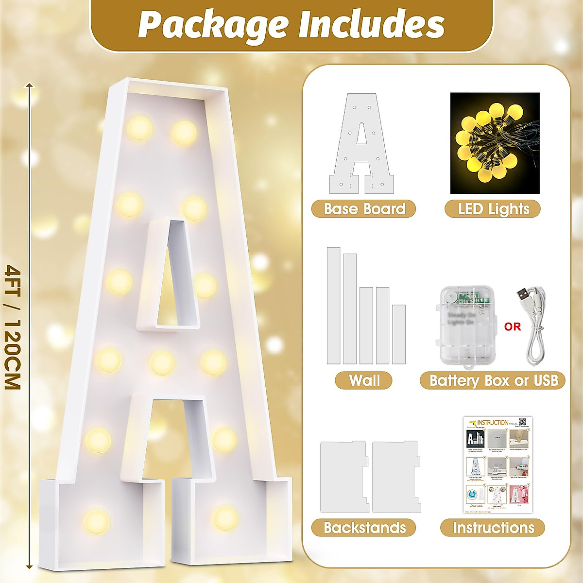 Ledido 4FT Marquee Light Up Letters Large Light Up Letters for Party Decoration, Marquee Letters for Birthday Graduation Baby Shower Wedding, Pre-Cut Foam Board Assembly Required Letters A