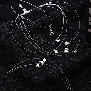 Starain 8 Pcs Fishing Line Necklace for Women Single Moon Star Cubic Zircon Pendant Choker Necklace Set