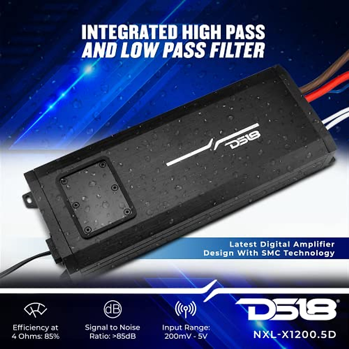 DS18 NXL-X1200.5D 5 Channel Marine Amplifier - Compact Class D Full-Range IP67 Waterproof Amp 2 Ohms 500x1 RMS 2800 Watts Great for Boats, Motorsports, Motorcycles, and All Elements Applications