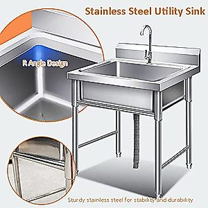 QQXX Stainless Steel Commercial Kitchen Sink,Free Standing Sink Single Bowl,Utility Sink with Faucet for Restaurant Kitchen Laundry Garage Indoor Outdoor Washing Hand Basin
