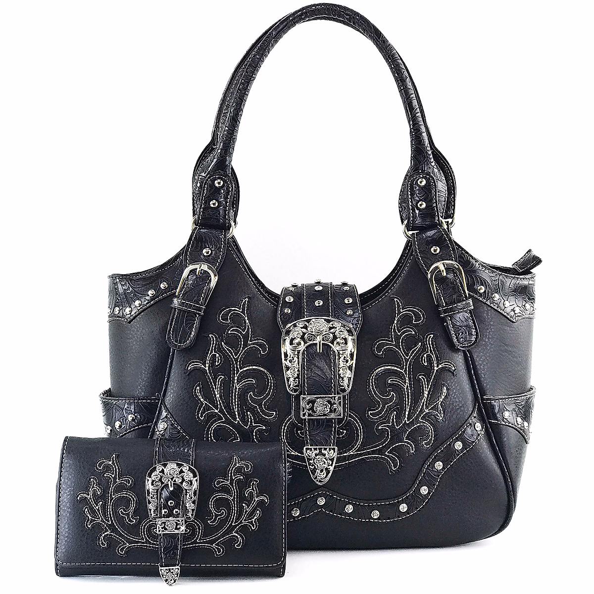 Justin West Concealed Carry Laser Cut Leather Floral Embroidery Rhinestone Berry Concho Studded Shoulder | Tote | Handbag Purse | Messenger Crossbody | Trifold Wallet (Black Purse and Wallet Set)