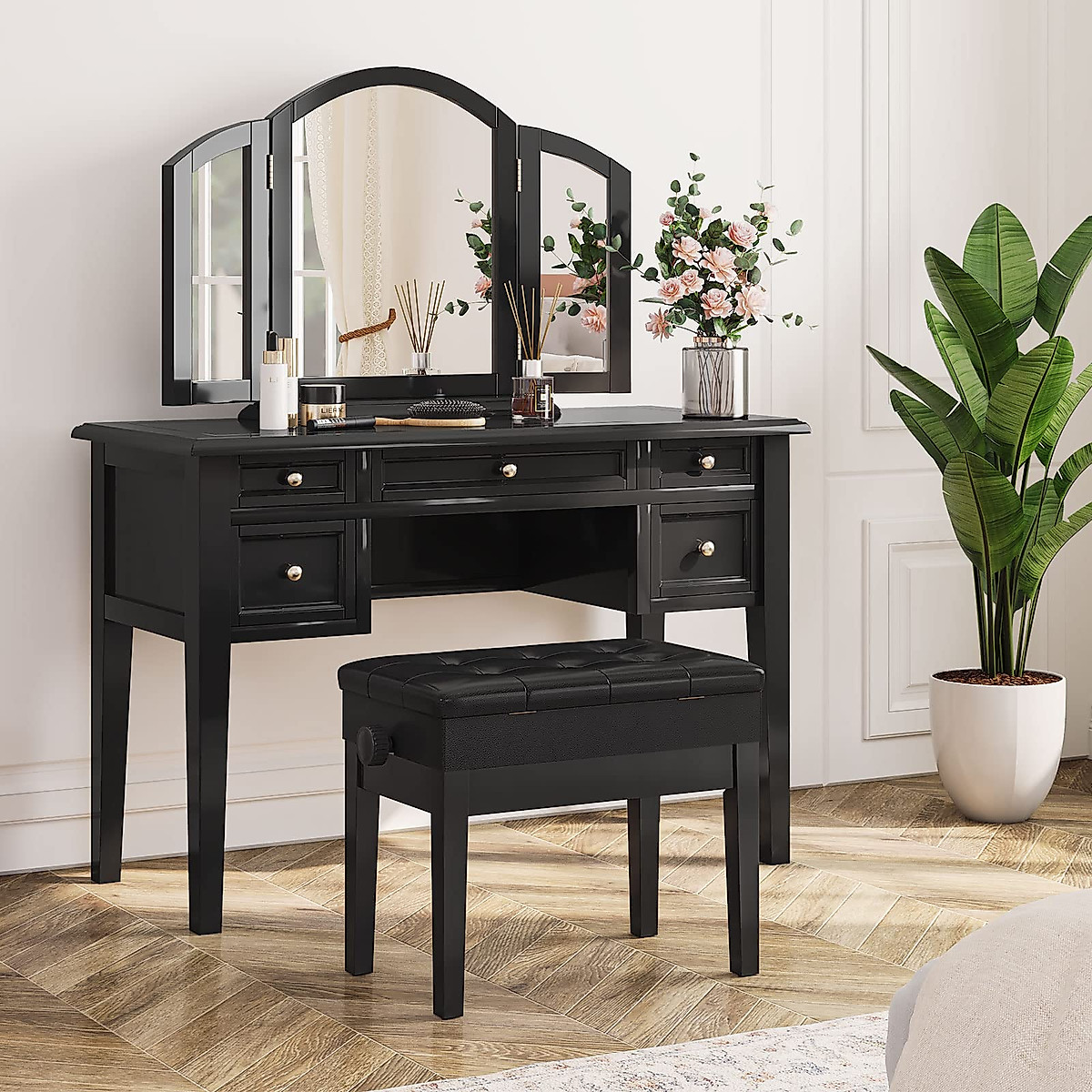 HOOBRO Adjustable Piano Bench with Padded Cushion and Storage Compartment for Music Sheet, Holds up to 300 lb, Music Bench, Piano Stool, Vanity Chair, 21.9 x 13.4 x 18.9 Inches, Black BB31QD01