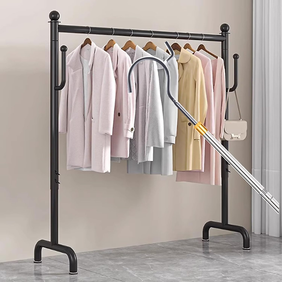 Clothes Hook Pole, Adjustable from 28 inches to 74 inches, Sponge Handle,Pick up Clothes from high Places,Closet Coat Rack Hook Rod, Used for Blinds Closets Ceilings, Strong Yet Lightweight.