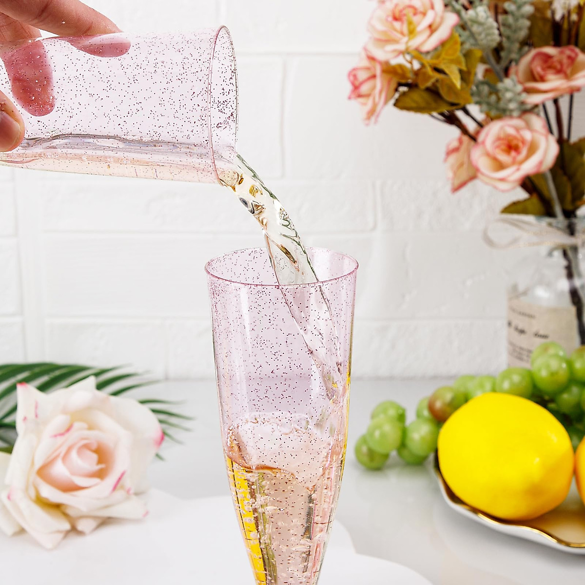 WDF 36 Pack Pink Glitter Plastic Champagne Flutes - 7OZ Pink Champagne Flutes Plastic, Champagne Glasses Glitter Pink Champagne Flutes, Plastic Flutes Champagne Disposable for Party & Wedding