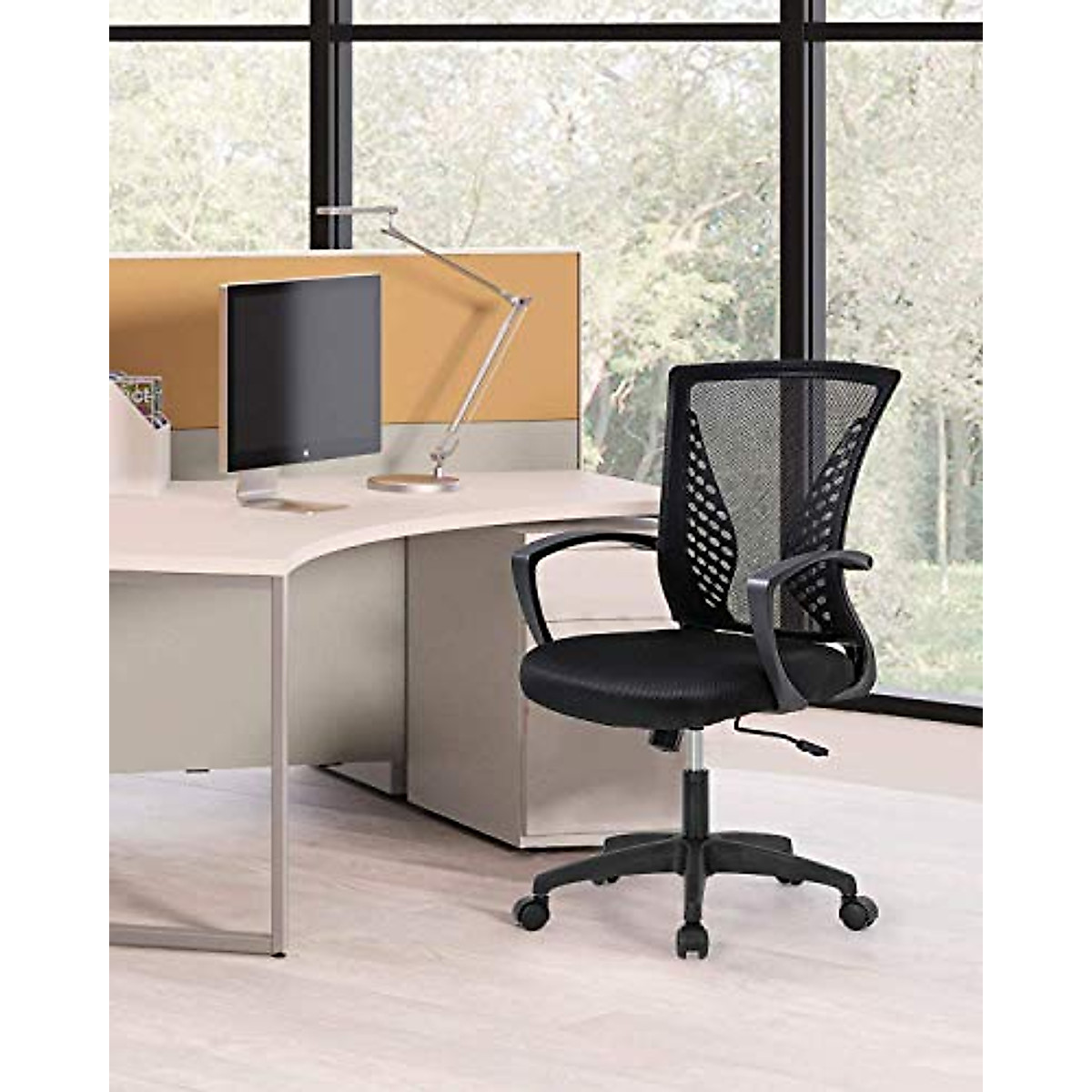 Home Office Chair Mid Back PC Swivel Lumbar Support Adjustable Desk Task Computer Ergonomic Comfortable Mesh Chair with Armrest (Black)