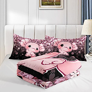 QOOMO Kawaii Axolotl Bedding Set Pink Cherry Blossom for Boys Girls Teen Room Decoration Sparkling Stars 3D Quilt Set Bedroom Decoration Twin Size 1 Comforter Set 2 Pillowcases