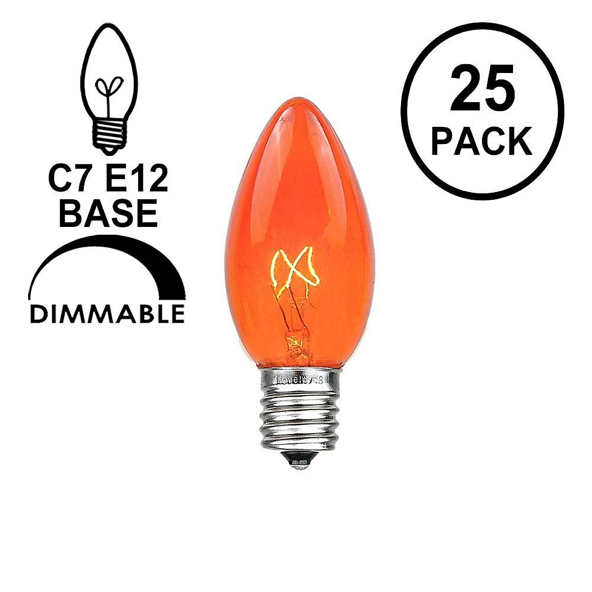 Novelty Lights Incandescent Replacement Bulbs - Outdoor Individual Bulbs for Events, Holiday Parties, Patios, and More - C7/E12 Candelabra Base, 5 Watt Lights (Orange, 25 Pack)