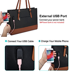 LOVEVOOK Laptop Bag for Women, Fashion Tote Bag, Large Capacity Computer bag, Vegan Leather Work Handbag, Messenger Bag Purse Set, Business Office Briefcase Fit 15.6 Inch Laptop, Black