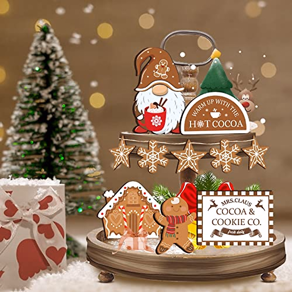 10 Pieces Christmas Tiered Tray Decor-Winter Holiday Gingerbread Themed Decor with Hot Cocoa Bar and Cute Gnomes Wooden Signs for Farmhouse Rustic Centerpiece Home Room Table Fireplace Shelf