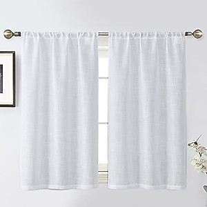 Home Queen White Sheer Burlap Linen Cafe Curtains, Semi Sheer Drapes for Kitchen Window Over Sink, 45 Inch Length 2 Pack