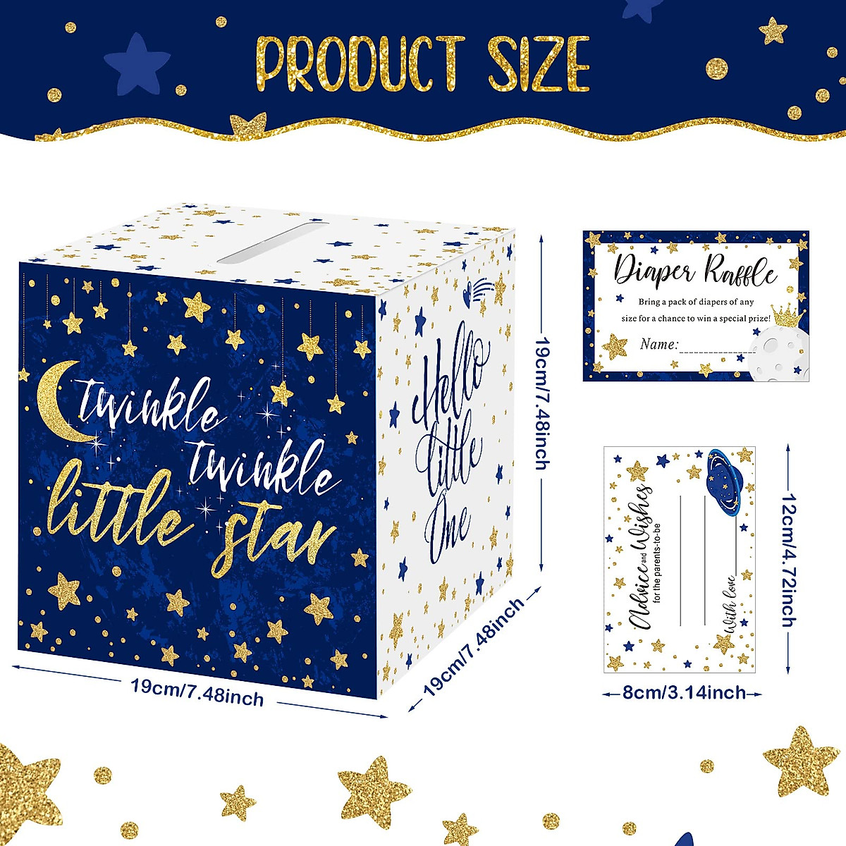 Funrous 50 Pcs Blue Twinkle Little Star Diaper Raffle Tickets with Box for Baby Shower Gender Reveal Party Decoration
