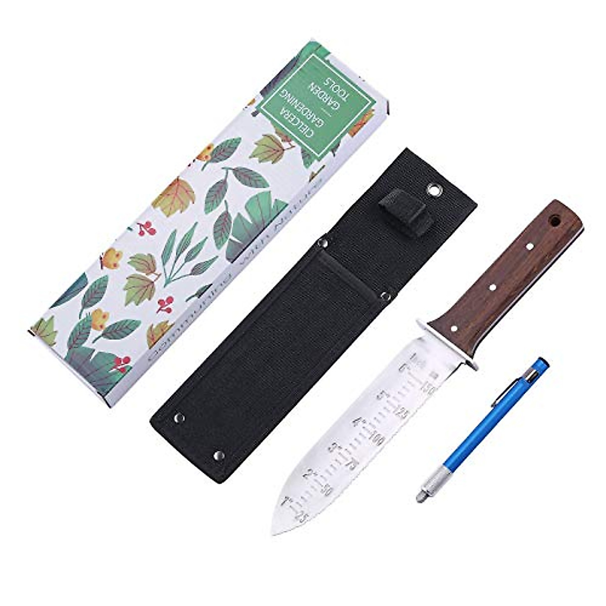 CIELCERA Hori Hori Garden Knife with Diamond Sharpening Rod, Protective Sheath and Extra Sharp Blade - in Gift Box