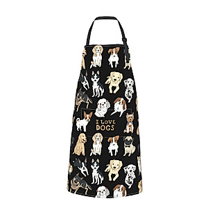 Cute Dog Grooming Apron,Funny Pet Grooming Waterproof Aprons for Women With 2 Pockets & Adjustable Neck,Black Gold Chef Aprons Christmas Gifts for Kitchen Cooking Baking Gardening