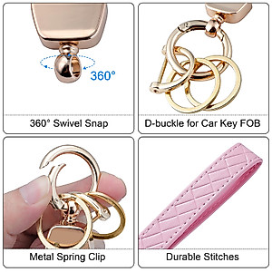 Weixiltc Leather Wristlet Keychain, Car Key Chain Holder with 2 Key Ring and Anti-Lost D Ring, Key Fob Wristband for Women (Pink)