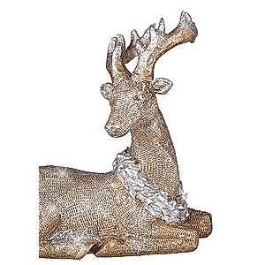 TenWaterloo Gold and Silver Finish Glittered Sitting Reindeer Set, 7.5 Inches x 5.5 Inches Each, Resin Christmas Figurine Set of 2