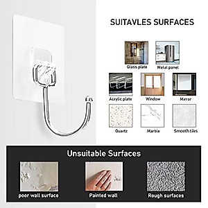 Large Adhesive Wall Hooks 22dl(max) Heavy Duty Wall Hooks for Hanging ,Waterproof and Rustproof,Bathroom Kitchen Transparent Reusable Self Adhesive Hooks，8Pack