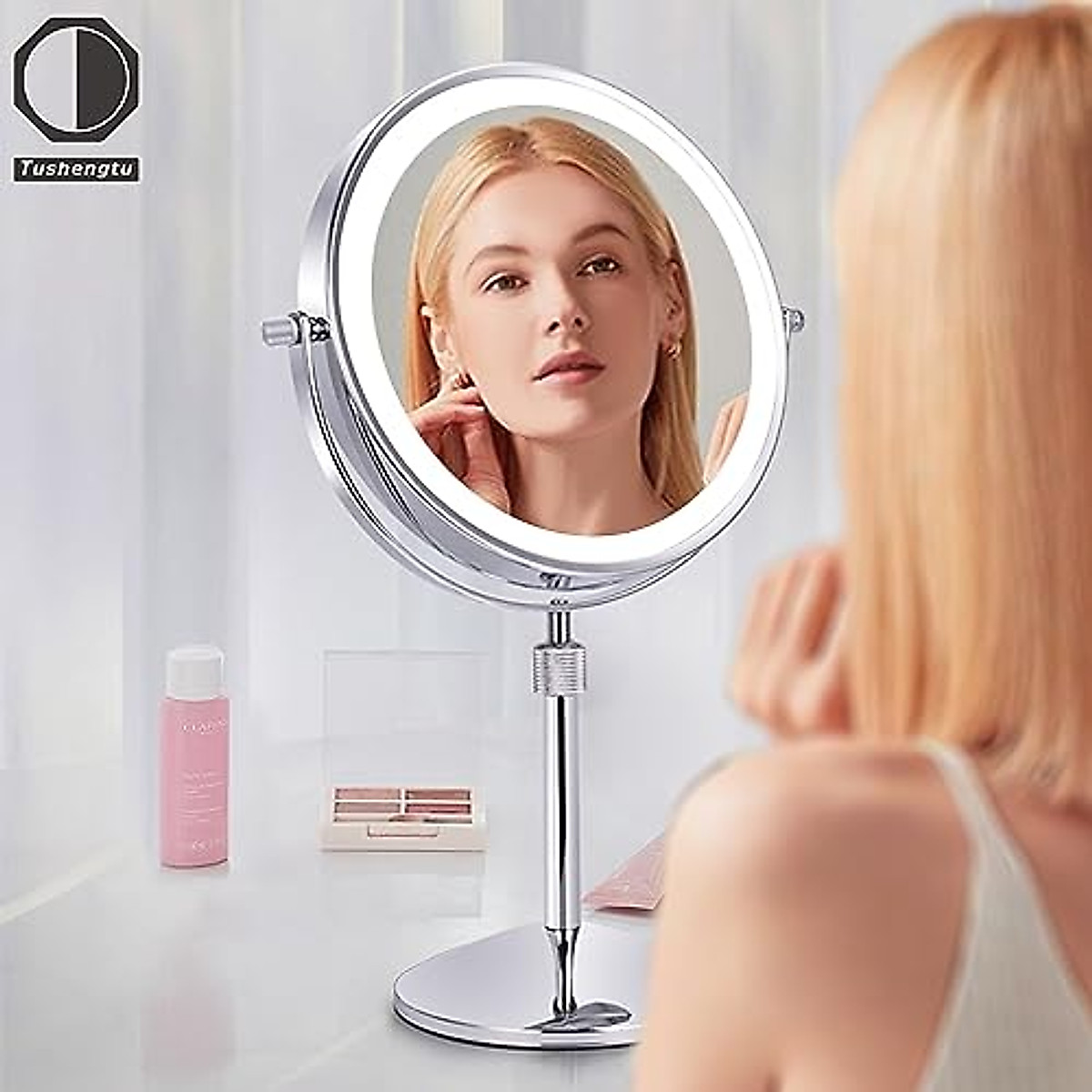 TUSHENGTU 8" Makeup Mirror with Lights and 10x Magnifying LED Rechargeable, 360° Rotating Adjustment,Vanity Swivel Mirror 3 Colors (T840-C-10X)