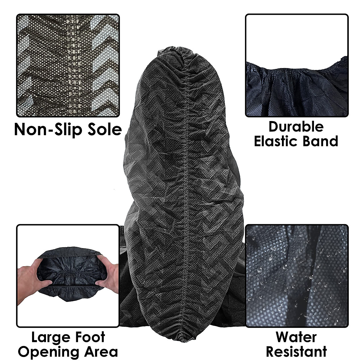 Buena Goods 100 Pack Extra Large Disposable Black Boot & Shoe Covers. Reusable Premium Water Resistant Durable Booties with Non Slip Treads for Indoor Use. Fits US Men's Size 14 & Women's 16 Shoe Size
