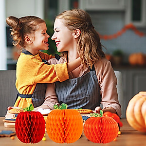 Whaline 12Pcs Fall Pumpkin Honeycomb Centerpiece 3 Different Shapes Pumpkin Honeycomb Decorations Orange Red Autumn Table Ornaments for Halloween Thanksgiving Party Supplies