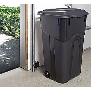 32 Gallon Wheeled Outdoor Garbage Can with Attached Snap Lock Lid and Heavy-Duty Handles, Black, Heavy-Duty Construction, Perfect Backyard, Deck, or Garage Trash Can, 2 Pack