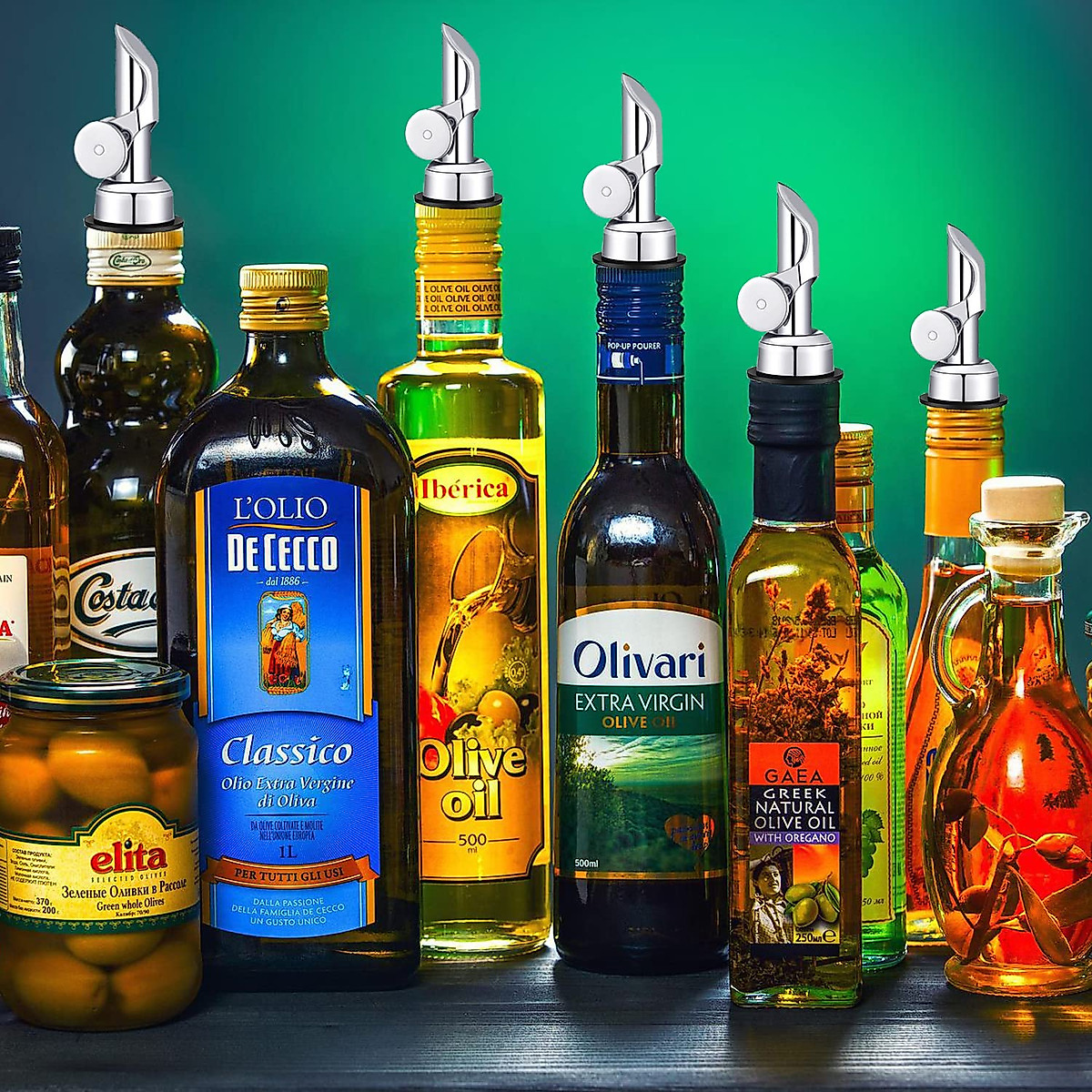 XIEHUZA 4 Pack Olive Oil Bottle Spout, 304 Stainless Steel Liquor Bottle Pourers for Alcohol Balsamic Vinegar, Auto Flip Top No-drip Olive Oil Dispenser for Kitchen Pours Liquor, Silver