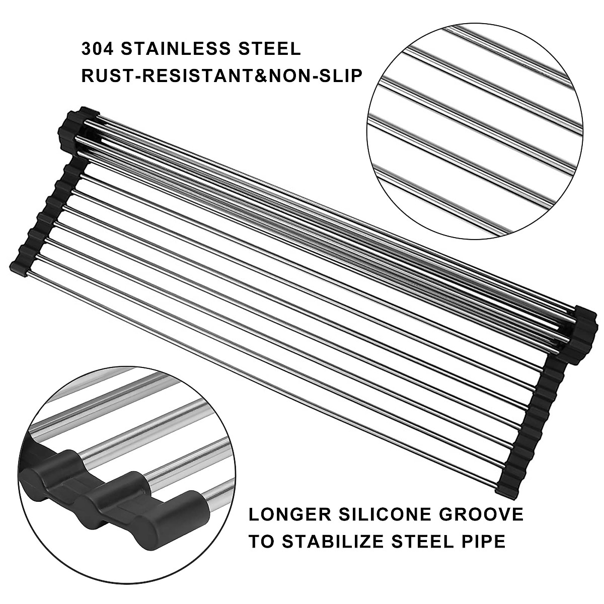 NileHome Roll Up Dish Drying Rack, Sink Drying Rack Over Sink Dish Drying Rack 304 Stainless Steel Foldable Drain Rack for Kitchen Sink Counter Utensils Vegetables and Fruits (17.5''X13.4'')，Black