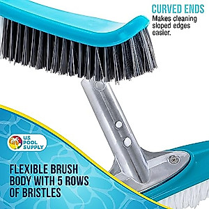 U.S. Pool Supply Professional Heavy Duty 20" Flexible Floor & Wall Pool Brush with Polished Aluminum EZ Clip Handle - Curved Ends, Durable Nylon Bristles - Sweep Debris from Walls, Floors, Steps