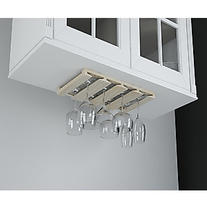 Rustic State 4 Sectional Adjustable Under Cabinet Mount Wood Stemware Rack Hanging Shelf Glassware Holder Bar Organizer with up to 12 Wine Glass Storage 10 Inch Deep Natural