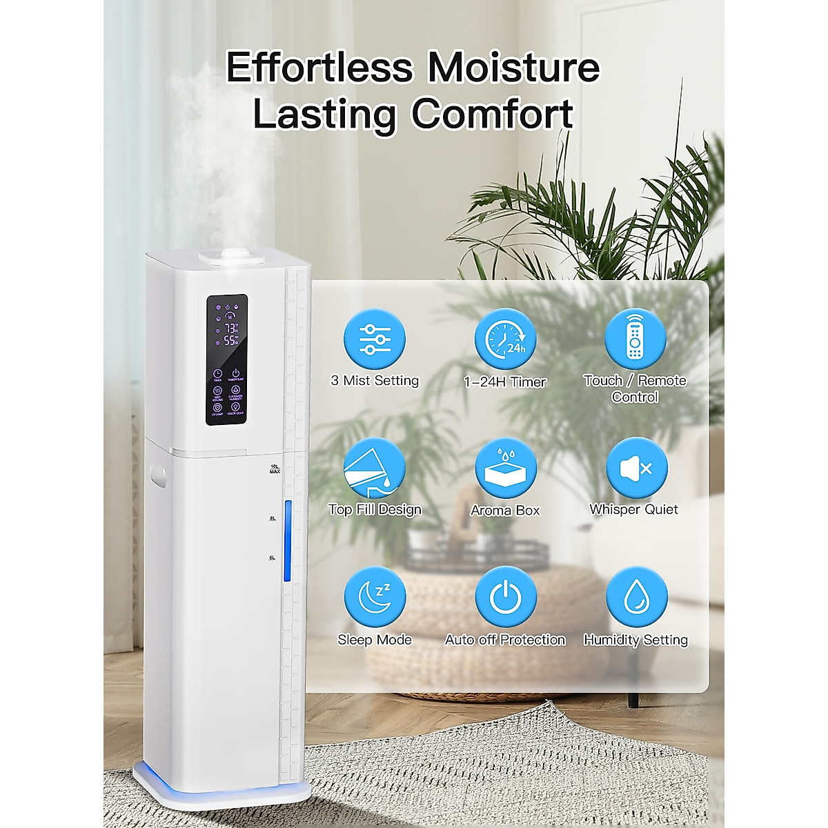 Petsaint Humidifiers for Bedroom, 2.64Gal/10L Ultrasonic Cool Mist Humidifier Large Room, Covers 550ft², Top Fill, 24H Timer, 60H Runtime, 3 Mist Mode Quiet Humidifiers for Home, Office, Plant, White