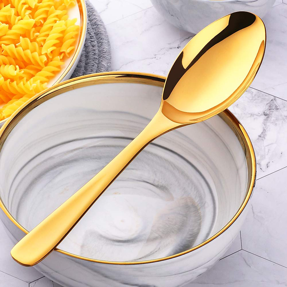 Bisda Buffet Serving Spoons, Stainless Steel 10 Inch Gold Plated Server Set of 2, Large Salad Serverware Utensils, Dishwasher Safe