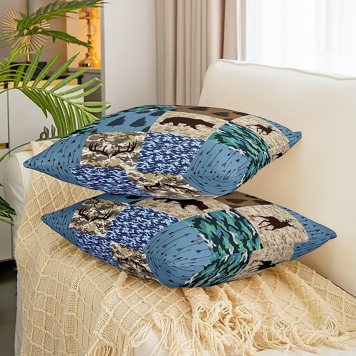 Erosebridal Hunting Animal Throw Pillow Cover 18x18 inch,Woodland Bear Deer Pillow Cover for Boys Kids,Camouflage Arrow Cushion Cover,Jungle Plants Patchwork Accent Pillow Case Waterproof,Blue Brown