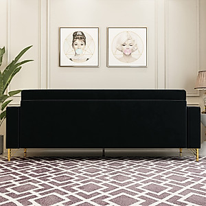 IQIAite 85" Wide Velvet Loveseat Sofa Mid Century Modern Comfy 3 Seat Couch Black Tufted Love Seat Sofas with 2 Pillows Gold Legs for Living Room Office Apartment Furniture Solid Wood Frame