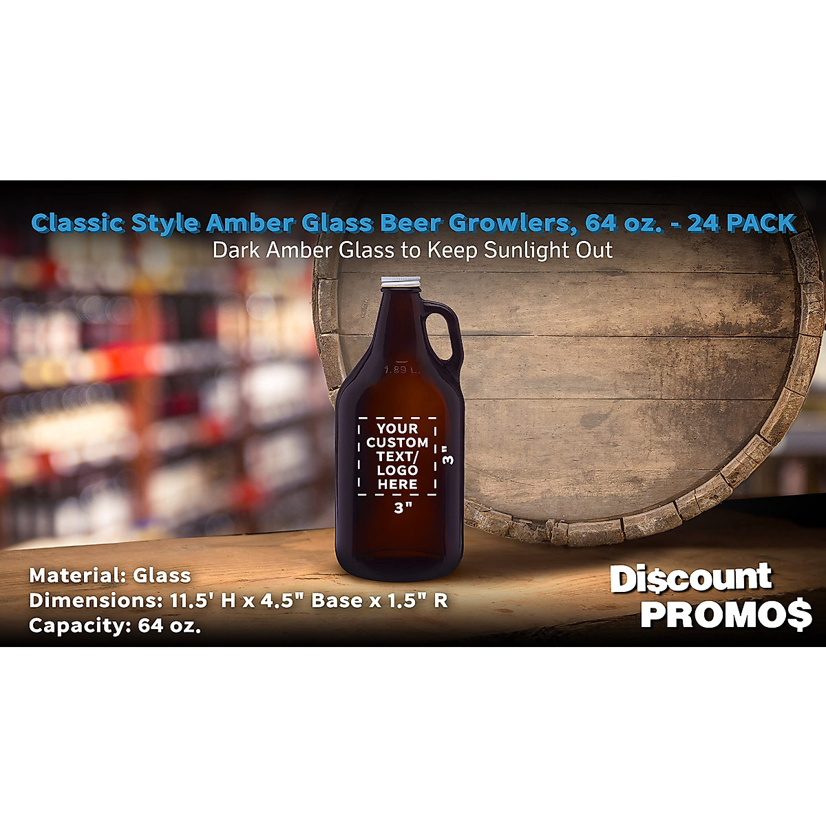 DISCOUNT PROMOS 24 Amber Glass Beer Growlers Set, 64 oz. - Customizable Text, Logo - Screw on Lid, Sturdy, Barware - Amber