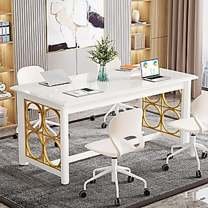 Tribesigns 63" Executive Desk, Modern Office Desk with Glossy Surface, Large Computer Desk for Home Office, Conference Table for Meeting Room, Glossy White & Gold