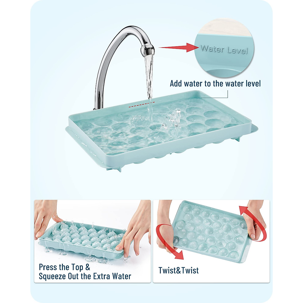 BEGIALO Ice Cube Tray, Round Ice Trays for Freezer with Lid and Bin, Circle Ice Mold Making 66 x 1.0IN Small Ice Balls,Sphere Ice Makers (New Blue)