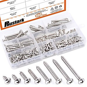 Rustark 180-Pcs [#8 3/8" to 1-1/2"] 304 Stainless Steel Round Pan Head Phillips Cross Wood Screws Self Tapping Drilling Screws Assortment Kit