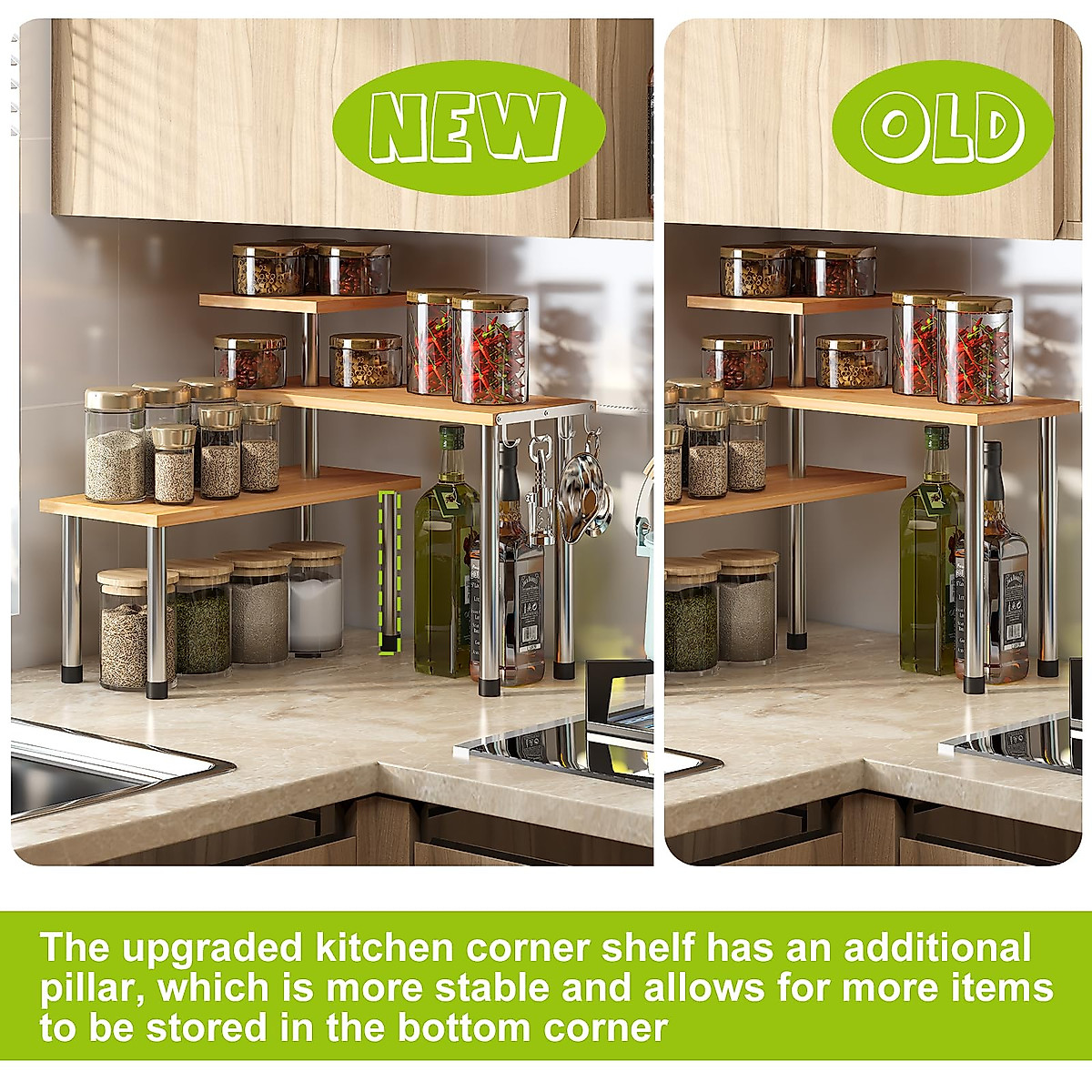 BMOSU Kitchen Corner Shelf Countertop Organizer with Hooks Adjustable Spice Rack Corner Display Rack Shelf Cabinet Counter Shelves(Bamboo)